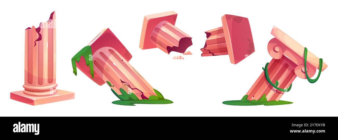 Ancient Greek architecture column ruins with green moss and vines ...