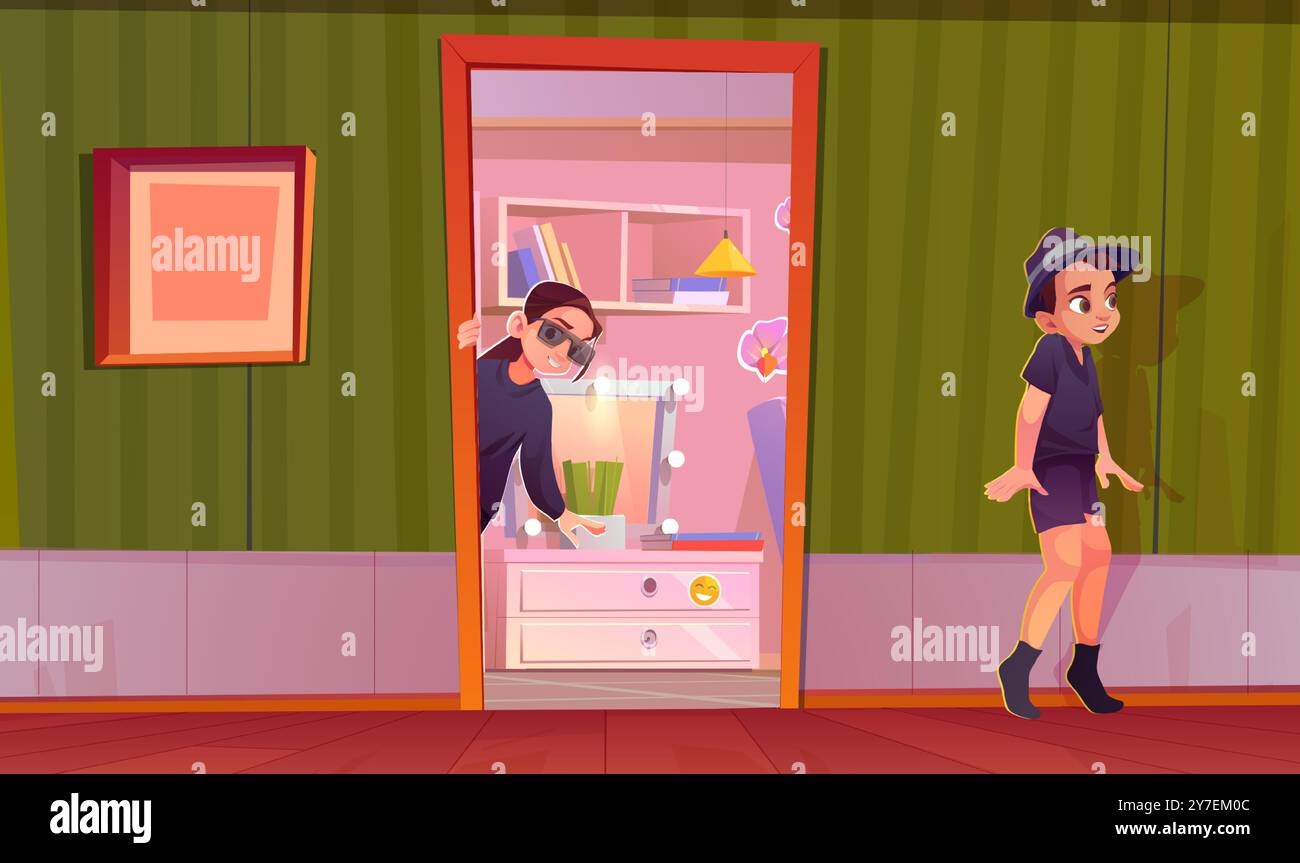 Cute happy children play spymaster game - teen boy tiptoeing down ...