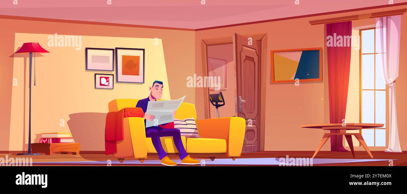 Young man sitting on yellow sofa, holding in hands and reading ...