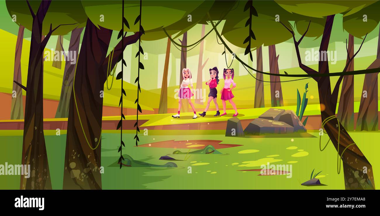 Teen girls walking in forest near swamp with sleeping crocodiles ...