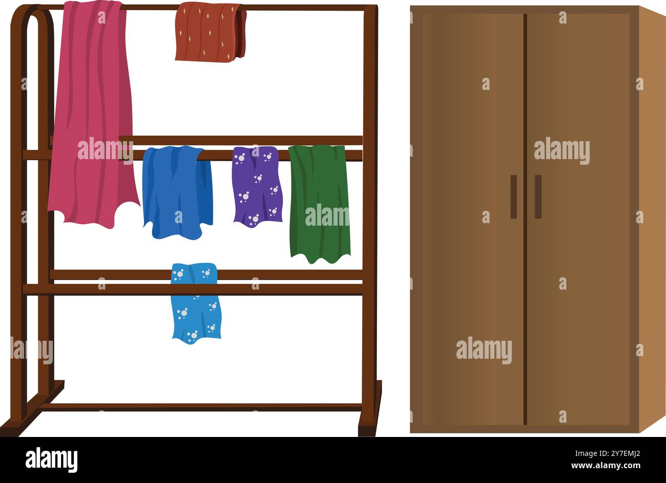 Set of wooden wardrobe and clothing rail with clothes on it isolated ...