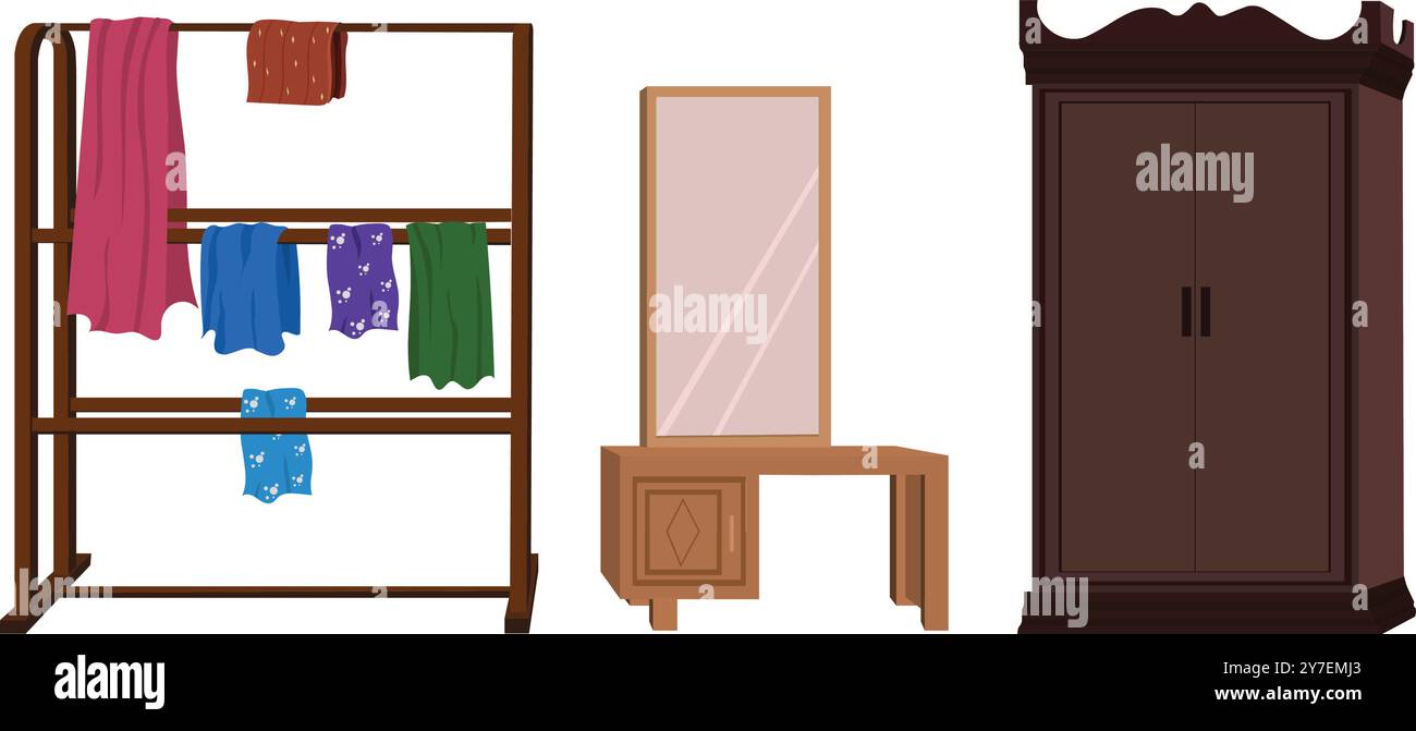 Dressing table, cupboard and a clothes rail or rack flat design ...