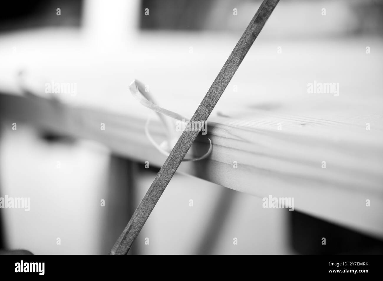 Carpenter is filing a piece of wood in his workshop, surrounded by ...