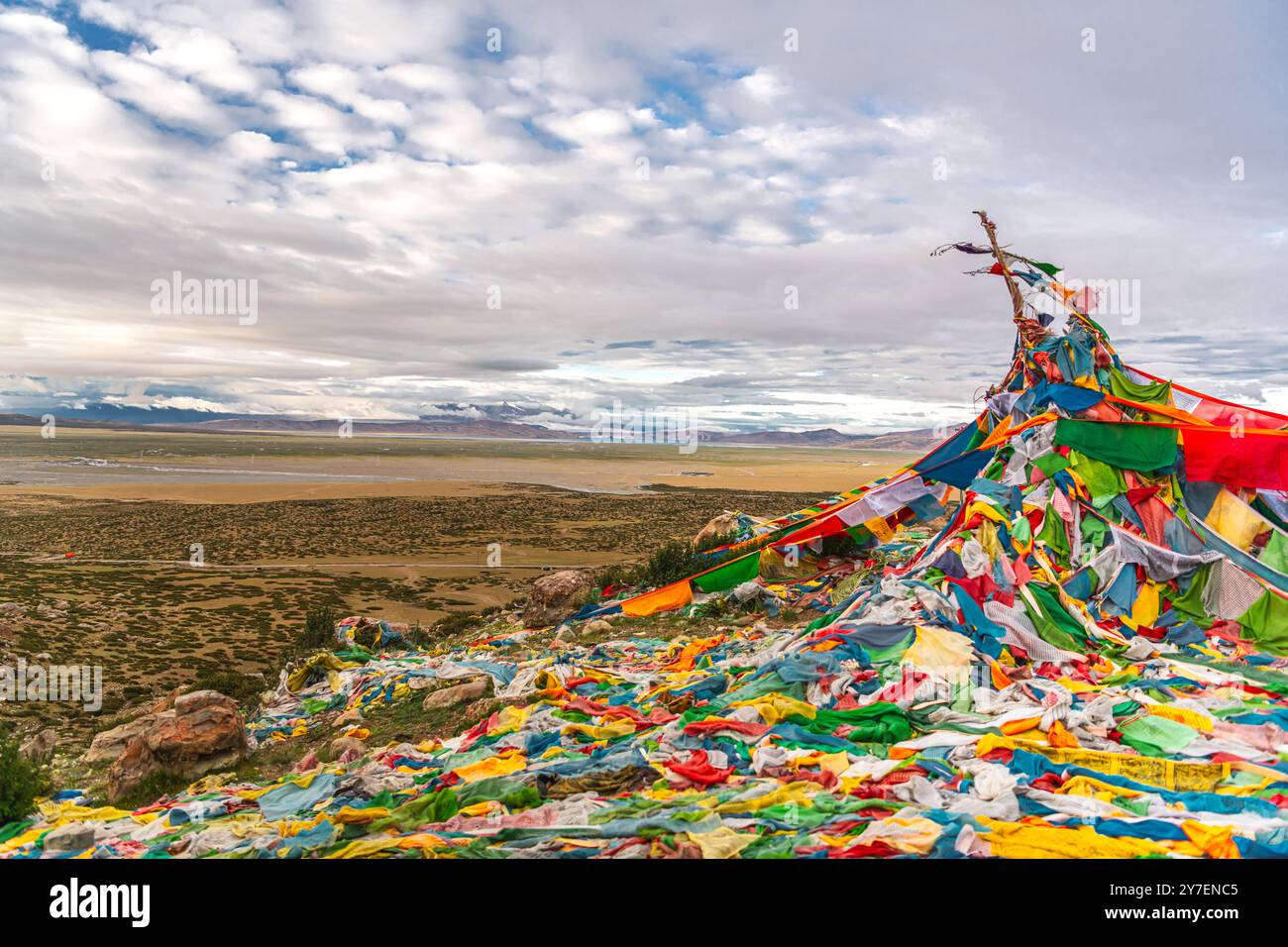 Colorful prayer flags at the offering site in front of the south face ...