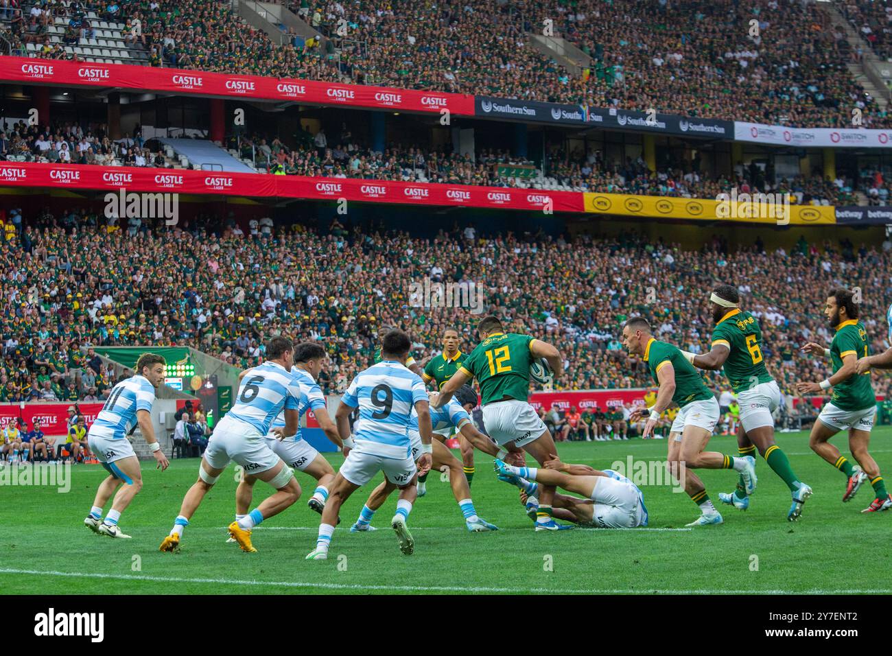 Damian de Allende with the ball as the Pumas defend during the Castle ...