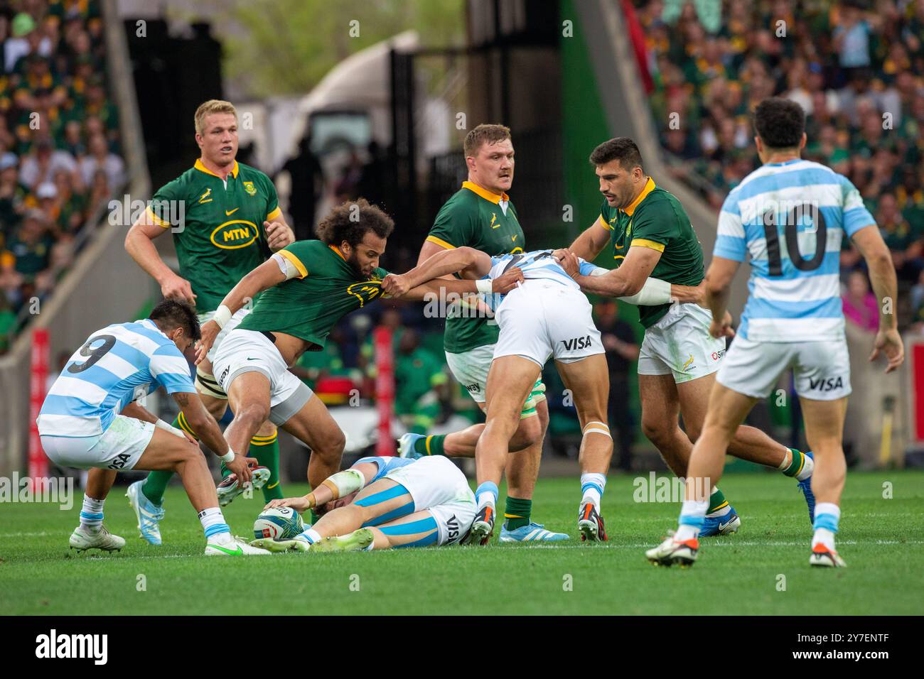 Springboks Damian de Allende Jaden Hendrikse contest the ball during a ...