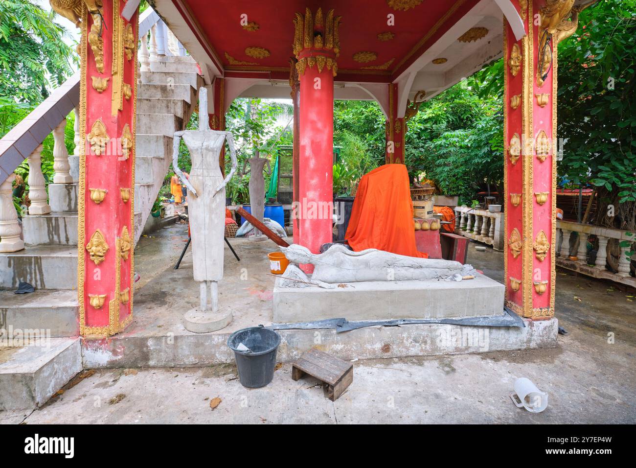 Concrete holy, religious sculptures, statues being constructed. At Wat ...