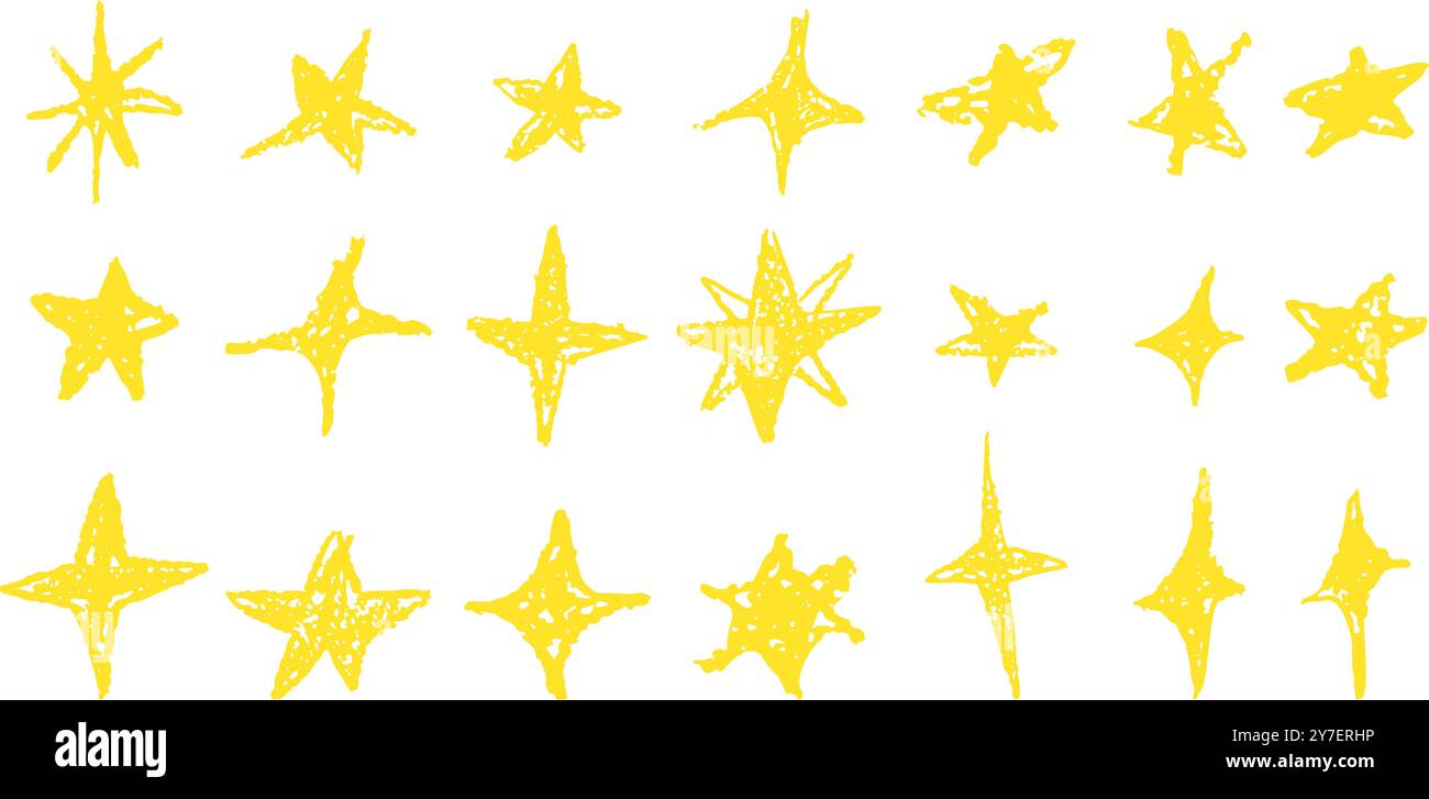 Set of gold chalk drawing stars. Shine or sparkle doodle collection. Children style yellow wax ...