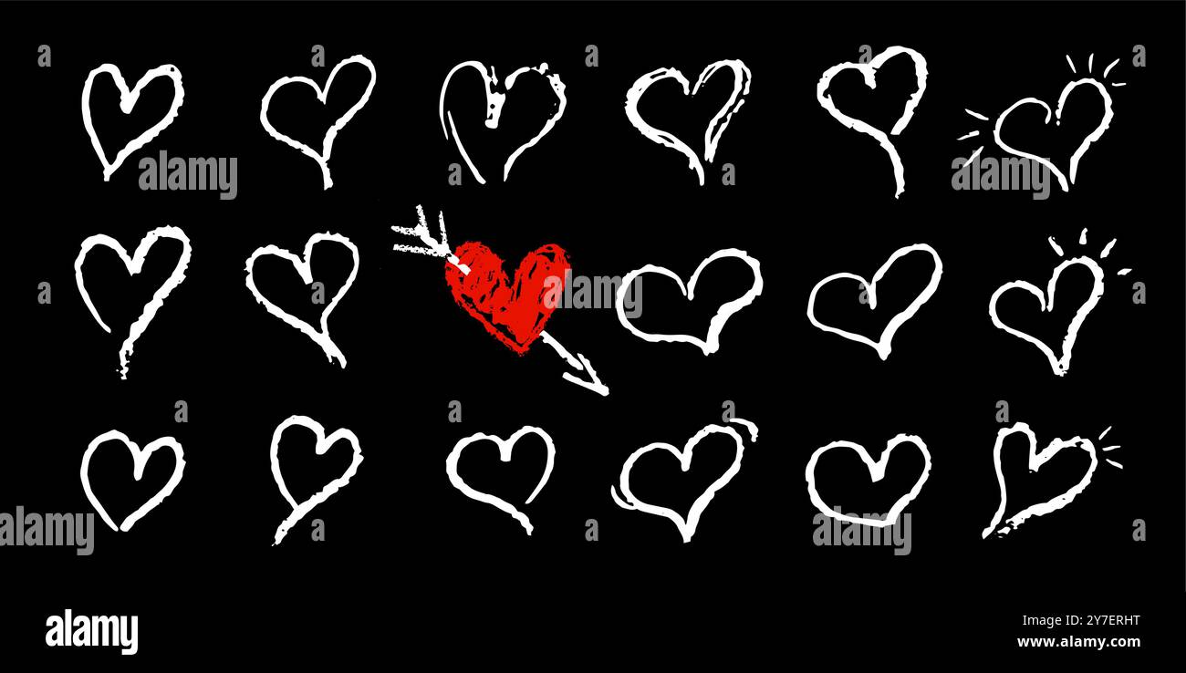 Set of white chalk drawing hearts and one red heart pierced by arrows ...