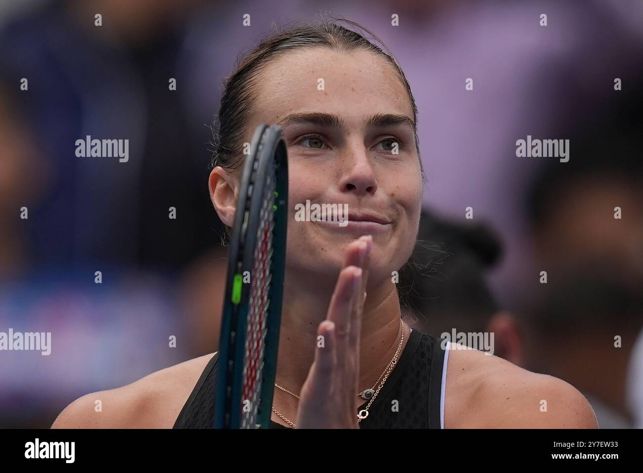 Aryna Sabalenka of Belarus reacts after defeating Ashlyn Krueger of the ...