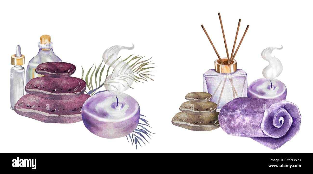 Spa Theme in Purple Tones. Watercolor Illustrations. For Beauty and ...
