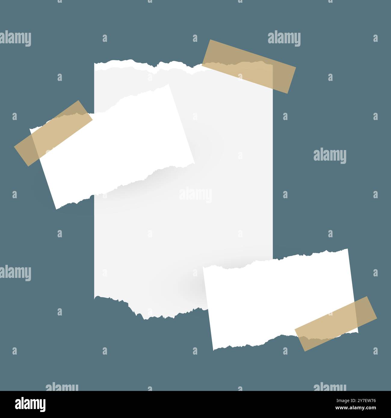 Paper pages stuck with sticky tape on dark background. Torn note ...