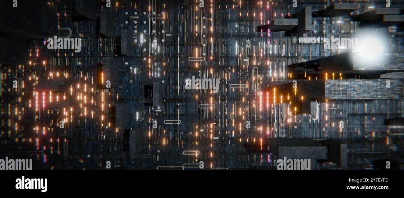 An abstract digital cityscape, a mesmerizing composition of glowing lines and shapes, depicting ...