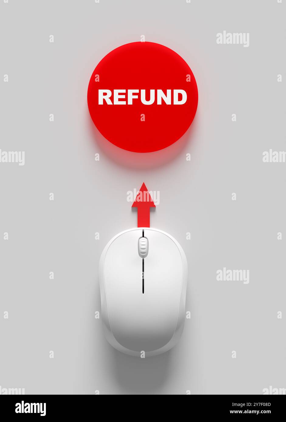 Online purchase refunding. Computer mouse pointing a red button with word refund. 3d render ...