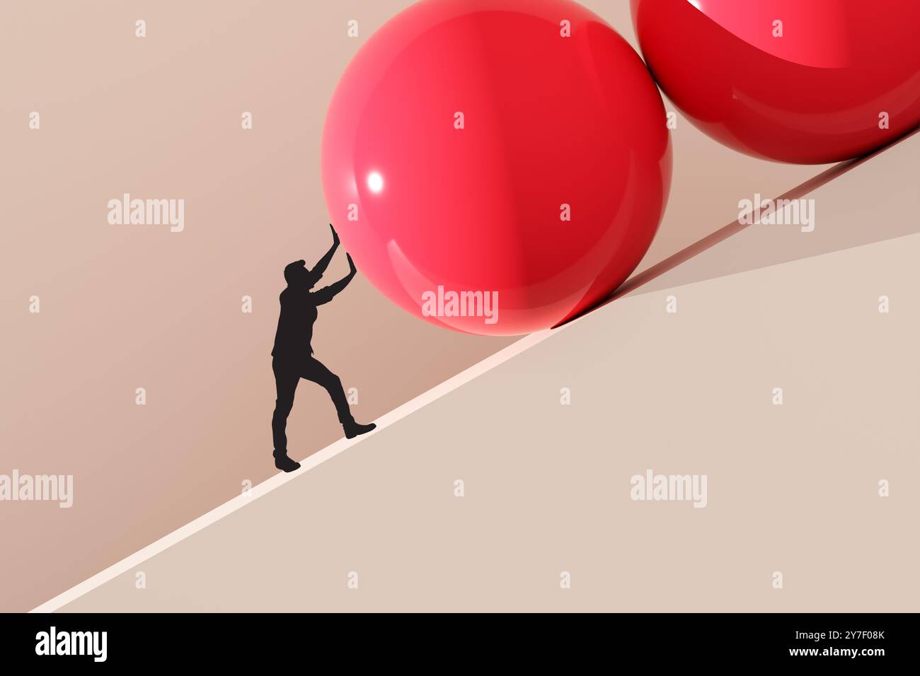 Businessman is pushing a large red ball up a steep hill, symbolizing ...