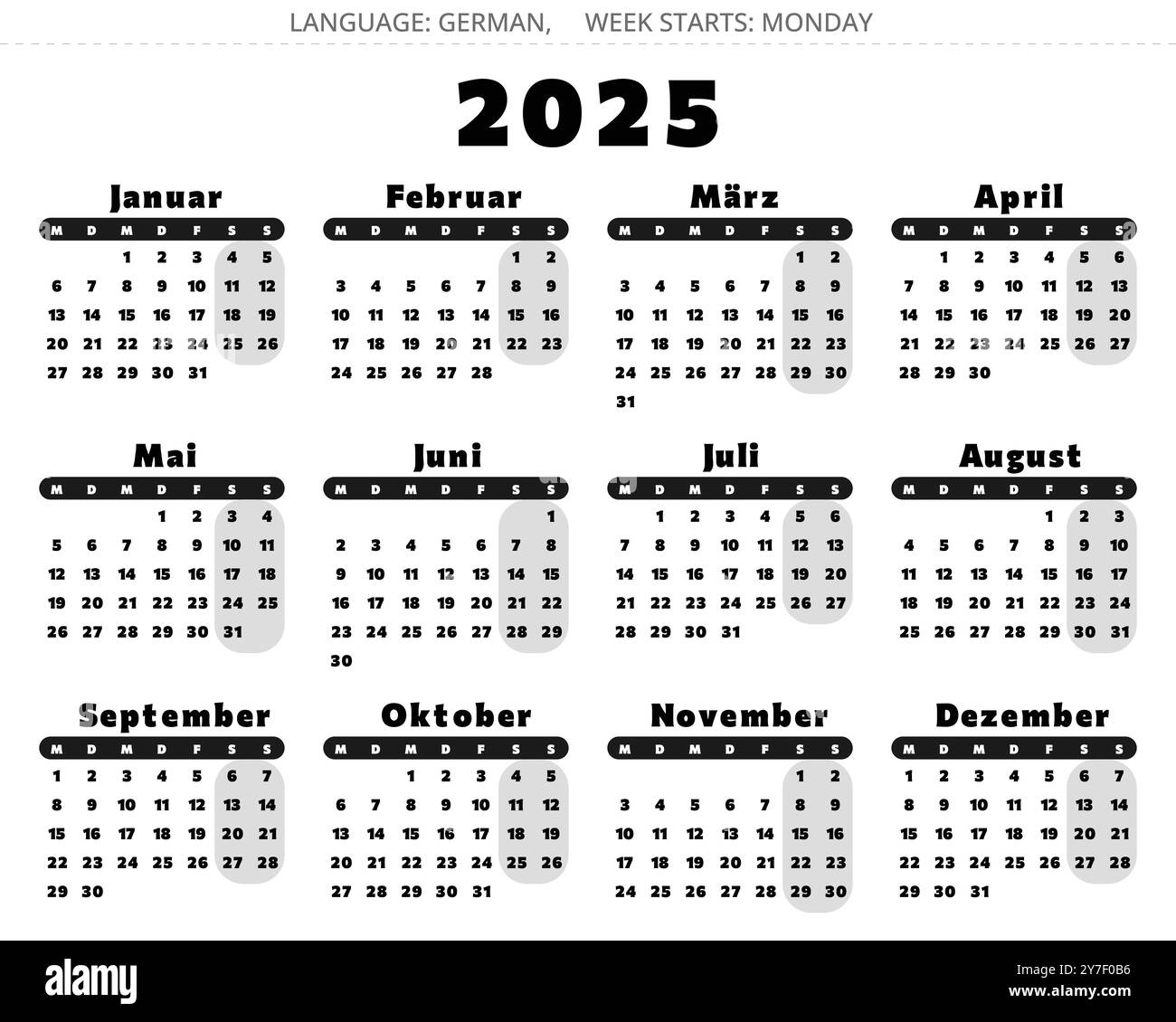 2025 year GERMAN calendar. Vector illustration for Germany in dark ...
