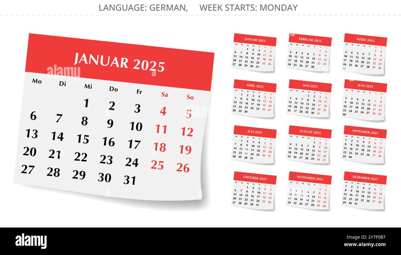 2025 german calendar collection. Vector illustration set like paper ...