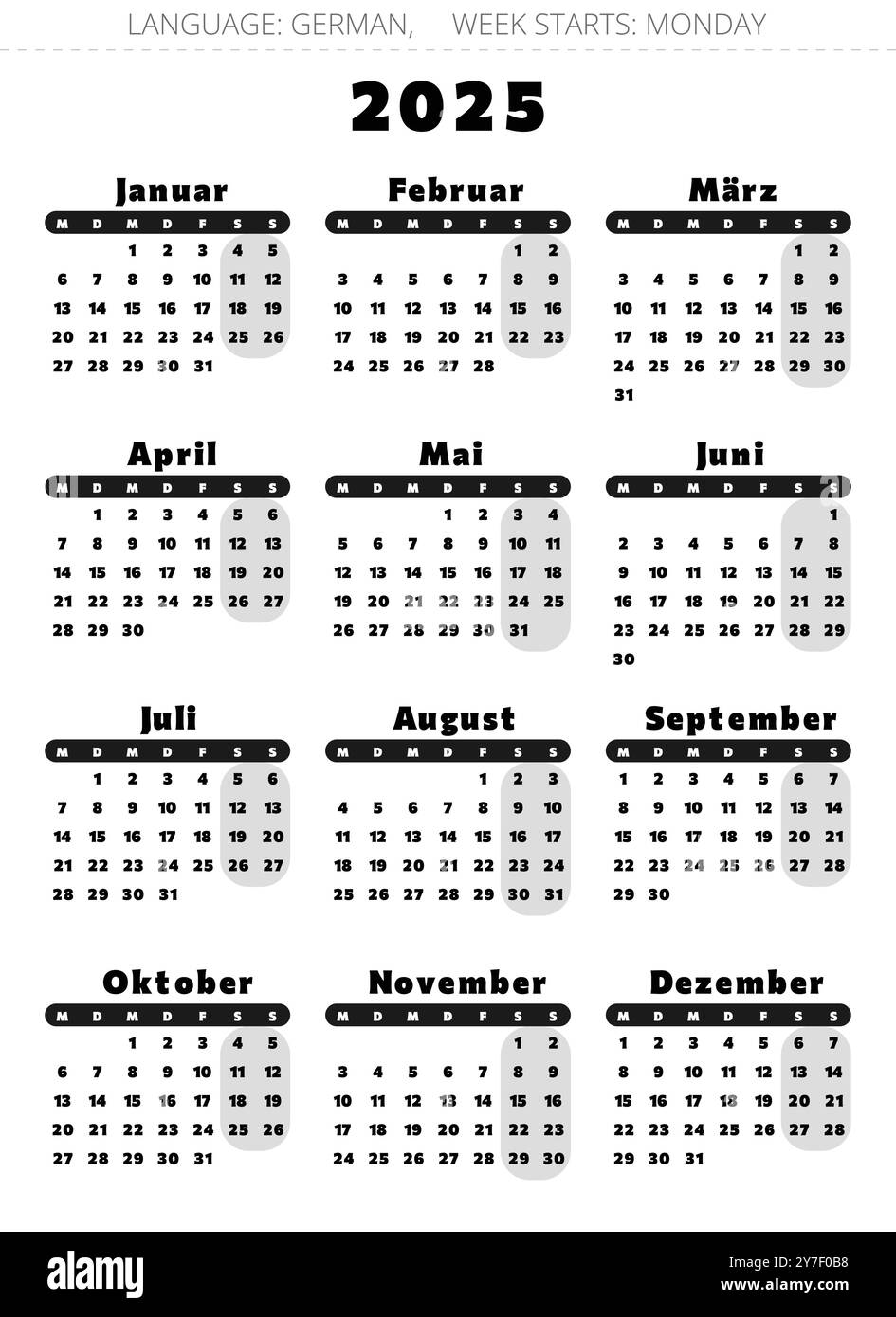 2025 year GERMAN calendar. Vector illustration for Germany in dark ...