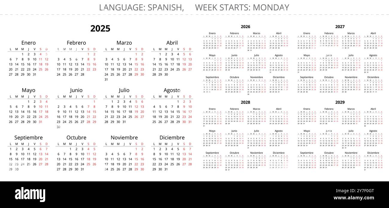 2025, 2026, 2027, 2028, 2029 spanish calendars set. Minimalistic vector ...