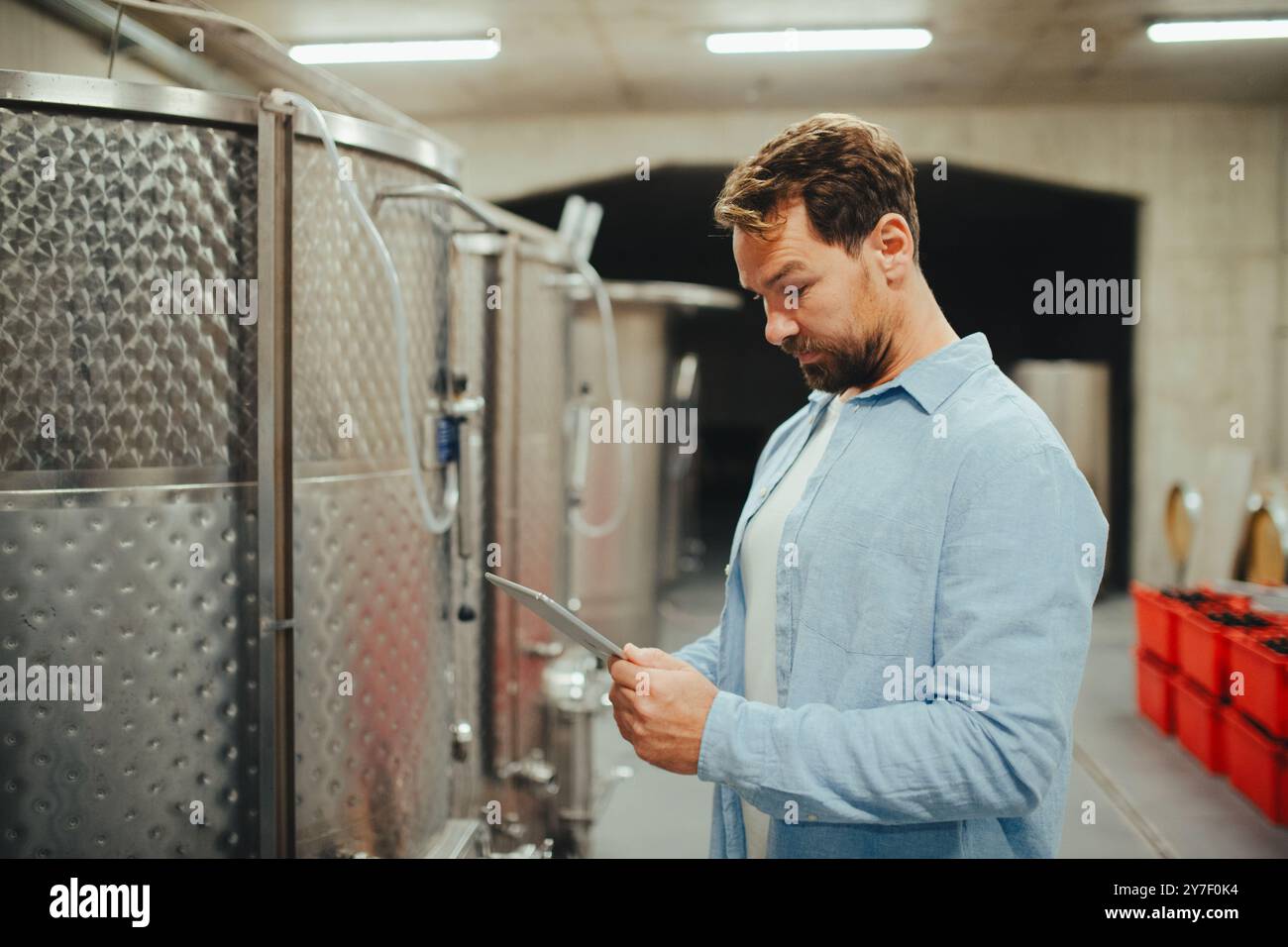 The Winemaker Standing In The Wine Cellar Monitoring The Fermentation