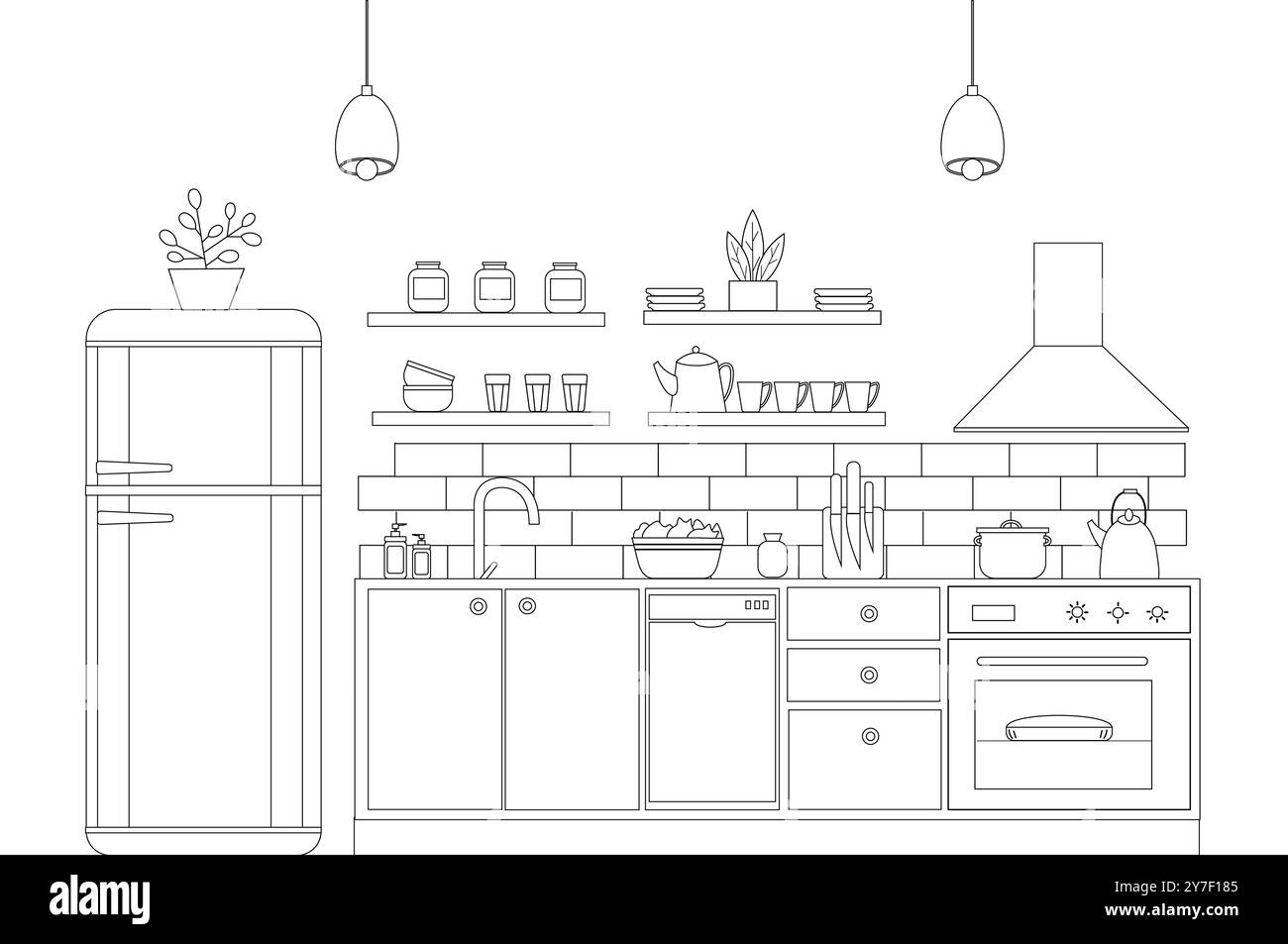 Kitchen furniture. Vector illustration in line art style. Kitchen ...