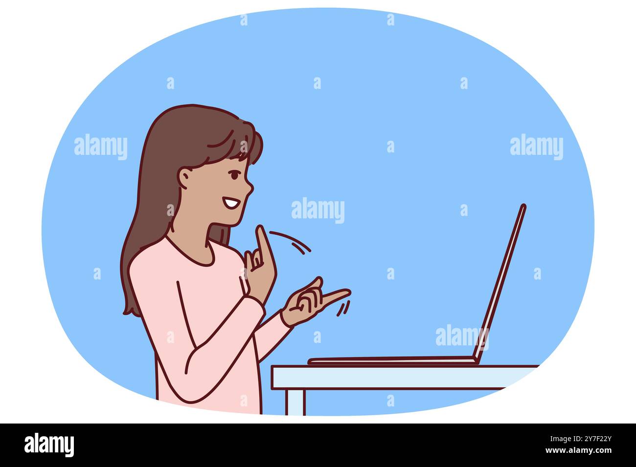 Silent teenage girl using laptop and sign language making video call to ...