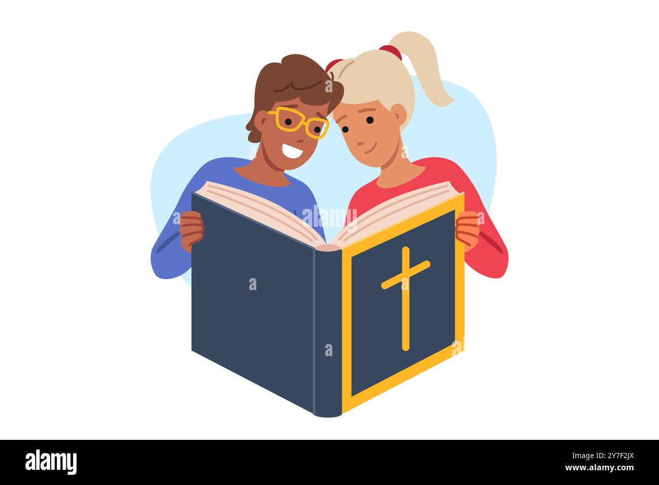 Childrens bible in hands of little boy and girl studying christian ...