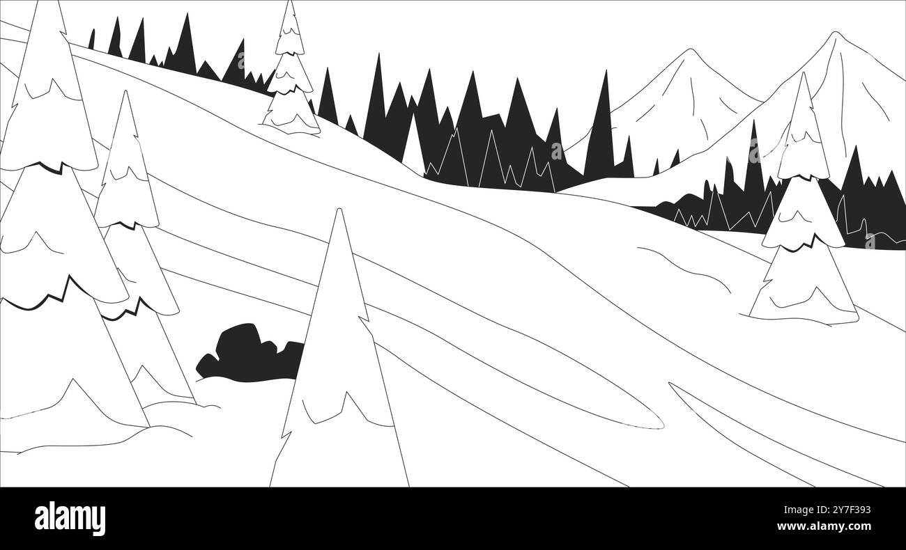 Snow covered hill slope black and white line illustration Stock Vector ...