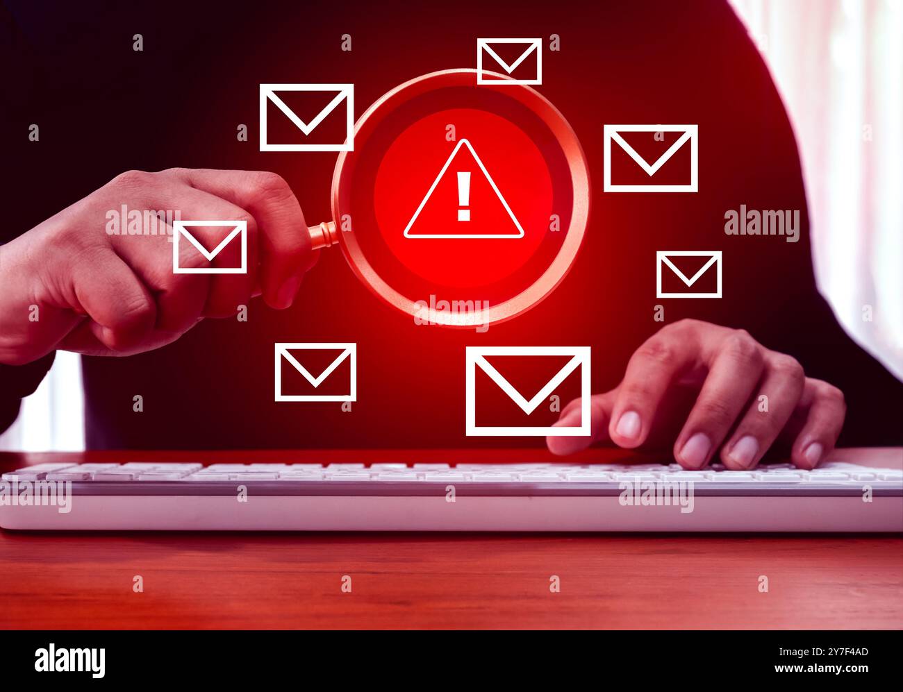 SMS and E-mail spam, danger text message alert concept. Red triangle ...
