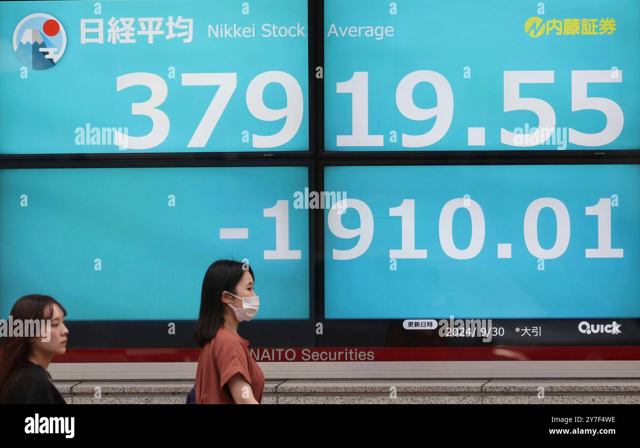 A monitor shows the closing price of Nikkei Stock Average in Tokyo on ...