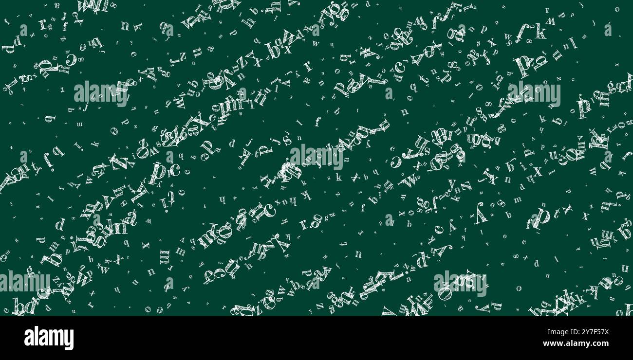 Falling letters of English language. White chalk characters of Latin ...
