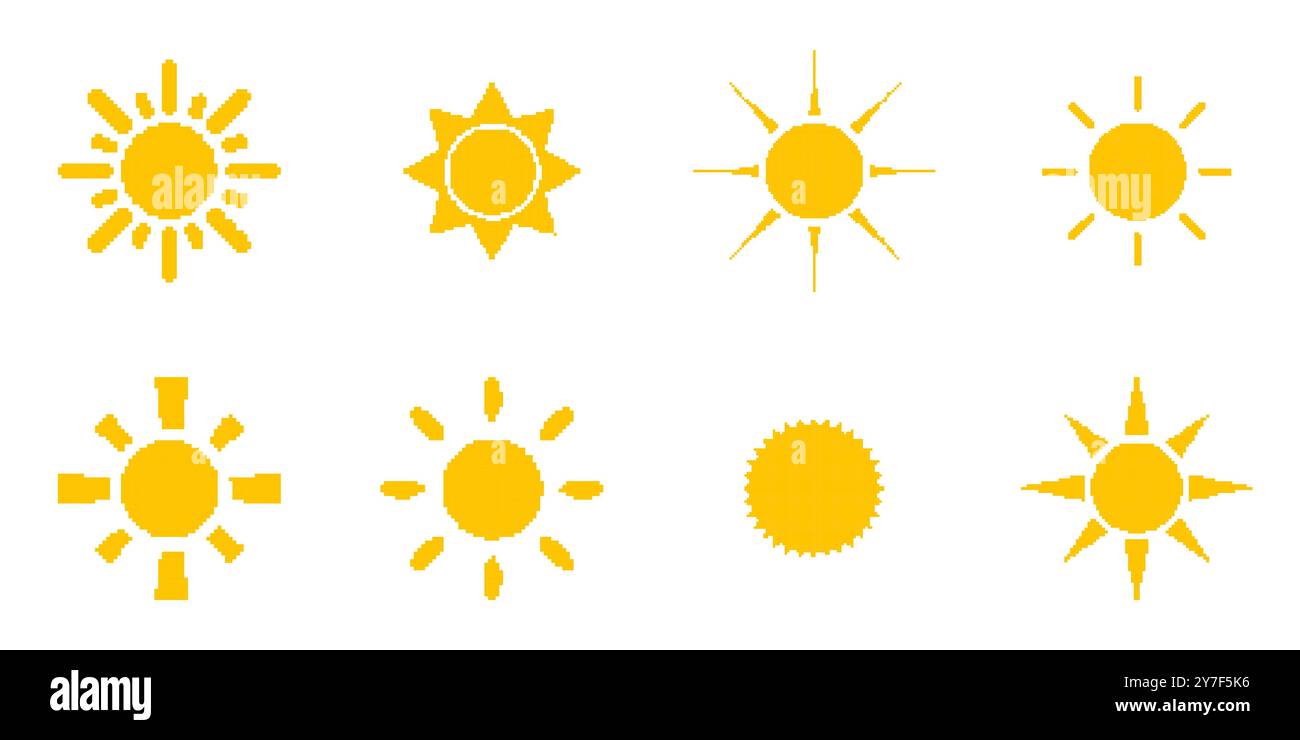 Pixel Art Sun Icon Set. Pixelated Sun Icons in Nostalgic 8 Bit Style ...