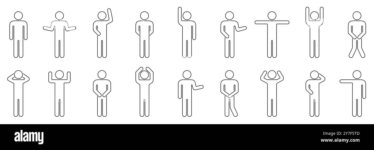 Human Figure Line Icons Set in Various Poses. Man Stick Figure with ...