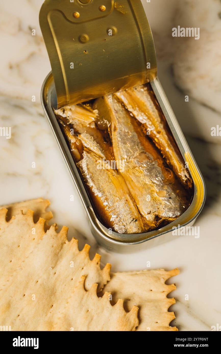 sardine fillets in olive oil in tin with artisan crackers to the side ...