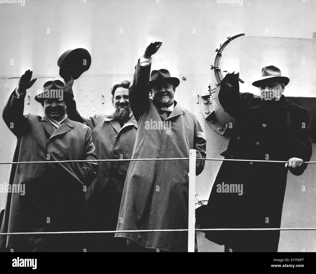 Four top men of the Soviet Regime wave farewell to Britains shores from ...