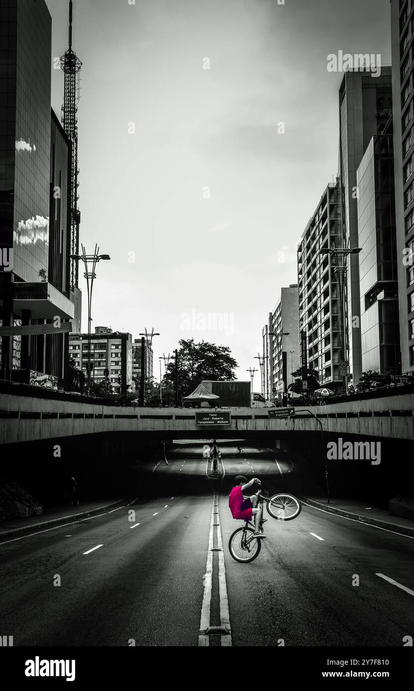 Young Cyclist Performing Wheelie on Avenida Paulista - São Paulo ...