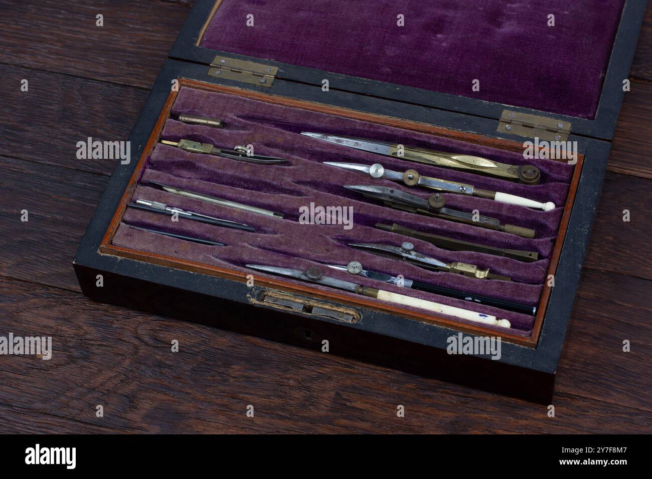 Vintage retro drawing tools set in box Stock Photo - Alamy
