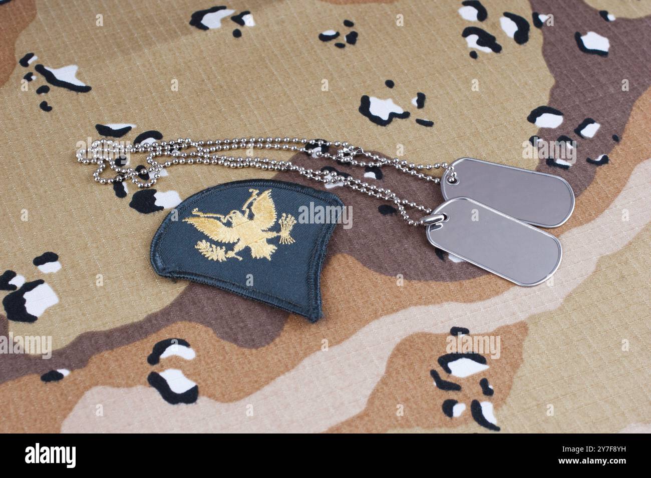 US ARMY Specialist rank patch and dog tags on desert camouflage uniform ...