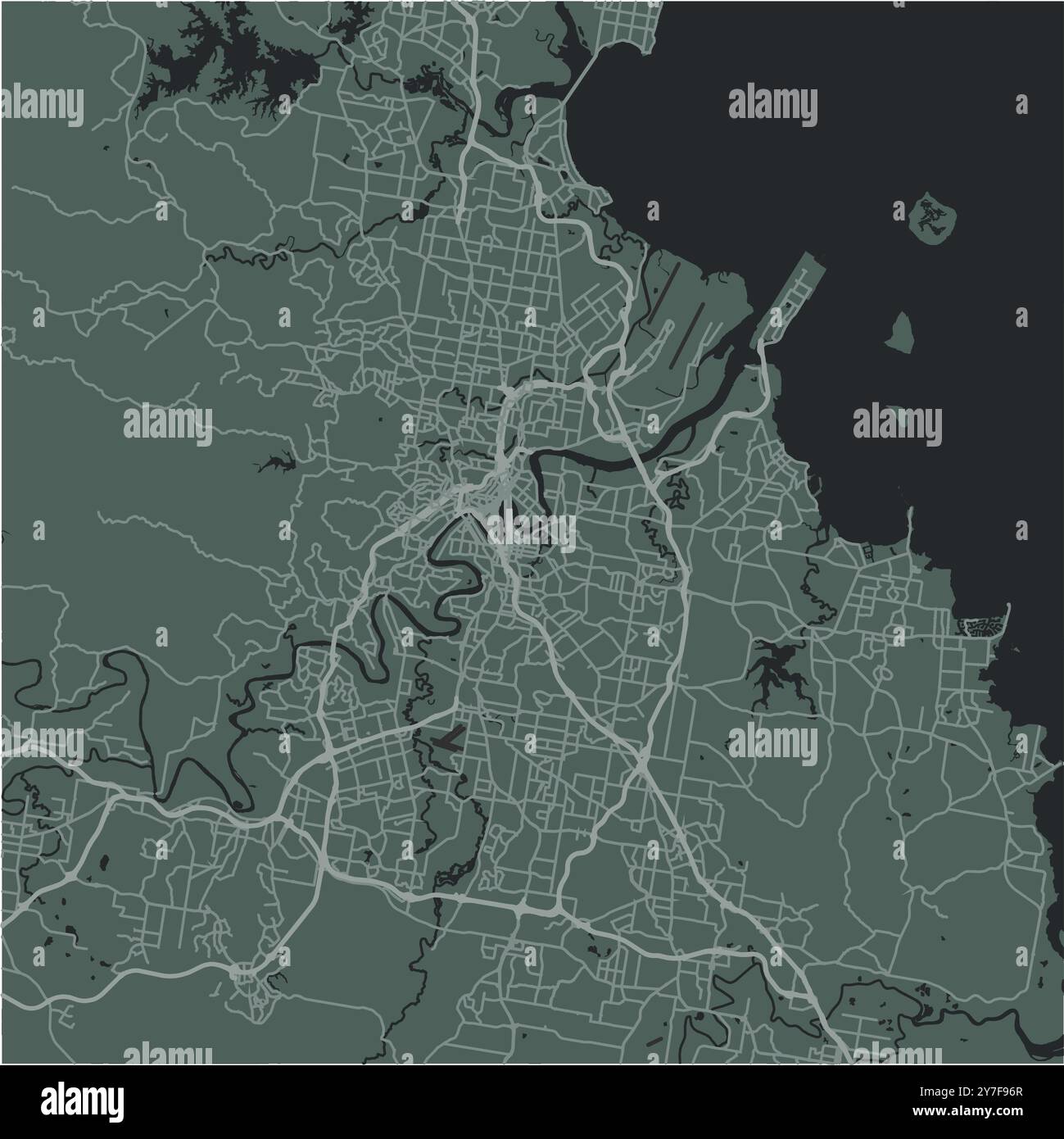 Map of Brisbane in Australia in a smooth dark style. Contains layered ...