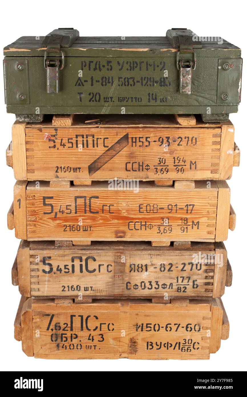 Army ammunition stack of wooden crates. Text in russian - type of ...