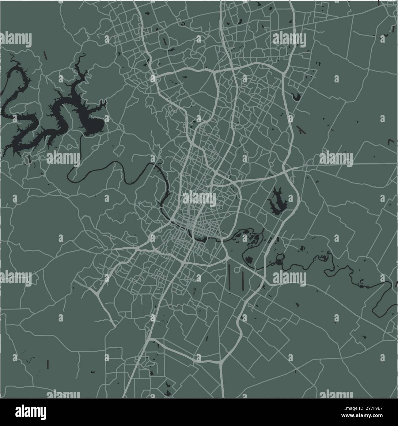 Map of Austin in Texas in a smooth dark style. Contains layered vector with roads water, parks ...