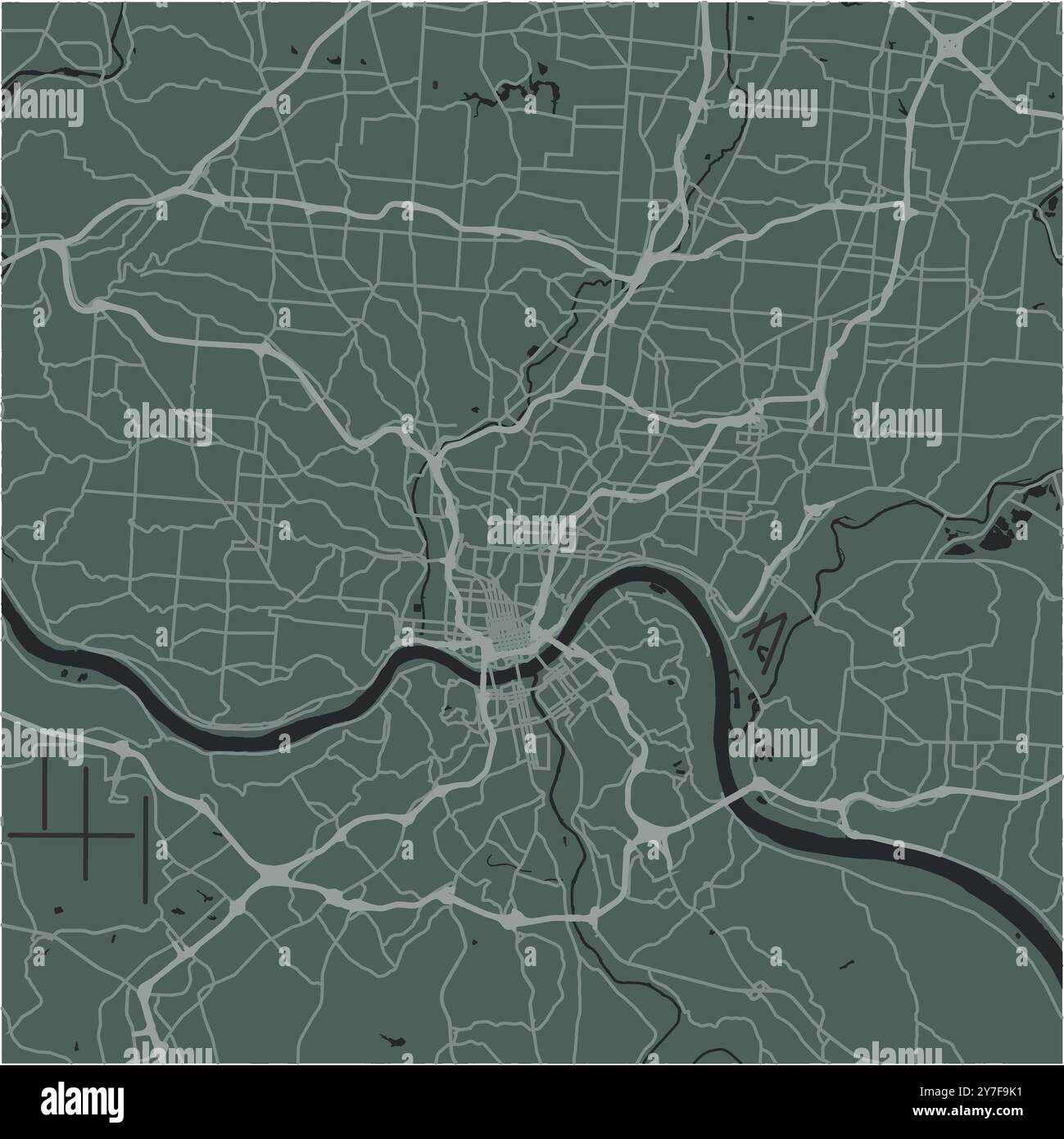 Map of Cincinnati in Ohio in a smooth dark style. Contains layered vector with roads water ...