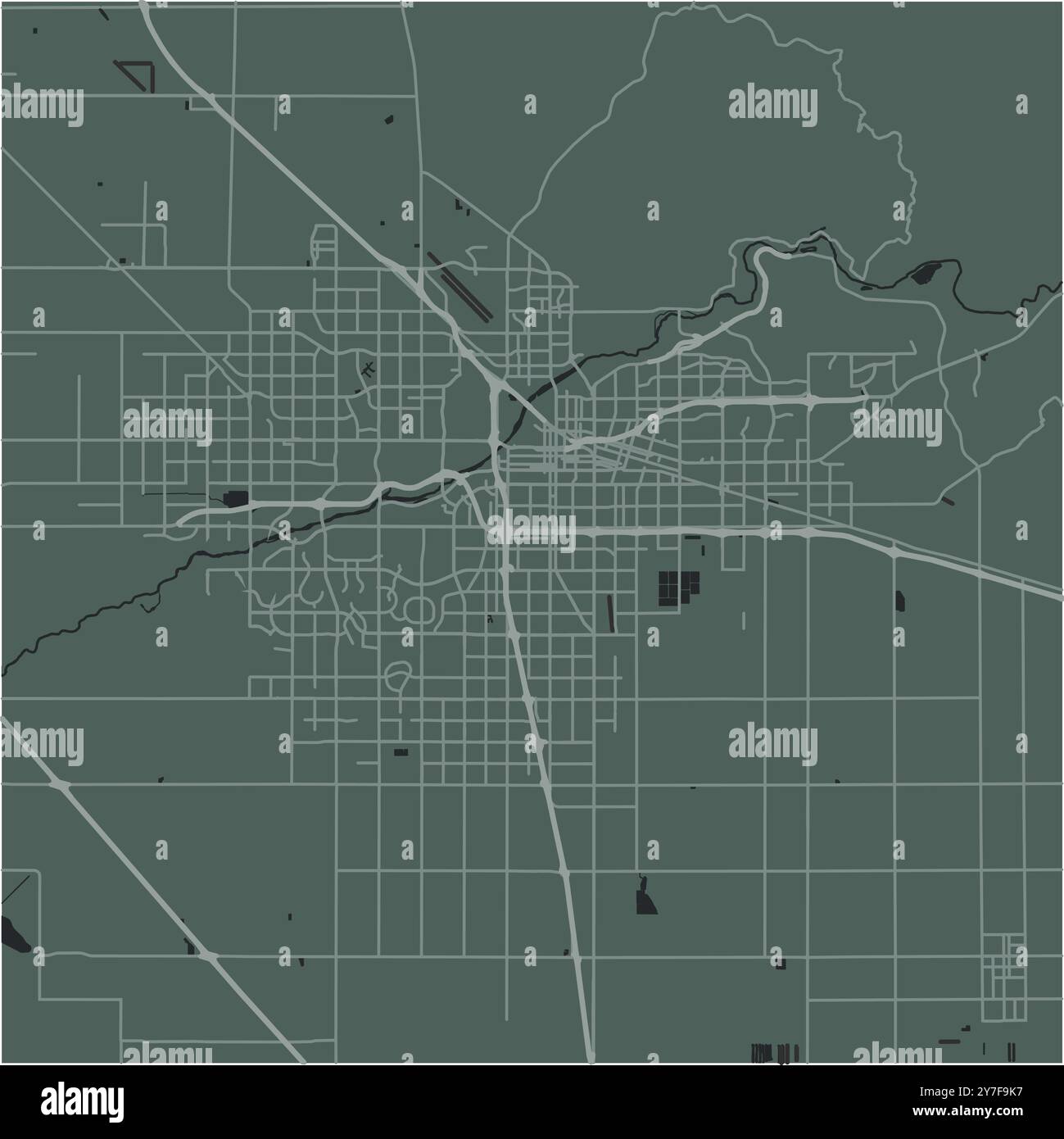 Map of Bakersfield in California in a smooth dark style. Contains layered vector with roads ...