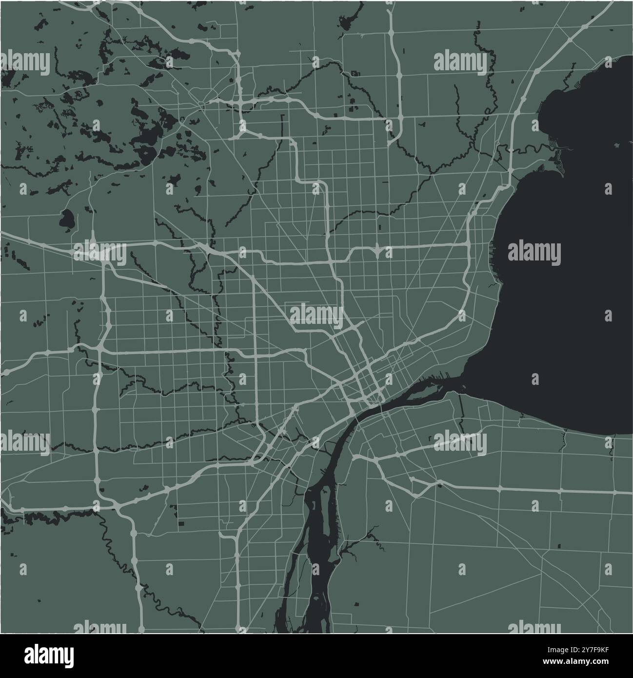 Map of Detroit in Michigan in a smooth dark style. Contains layered vector with roads water ...