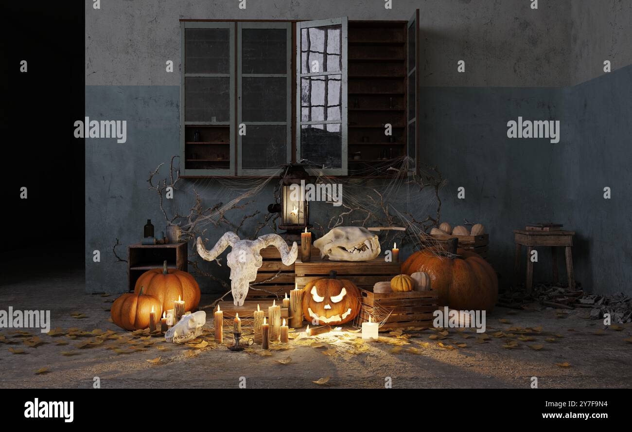 Spooky Halloween scene with skulls, pumpkins, and candles. 3D Stock ...
