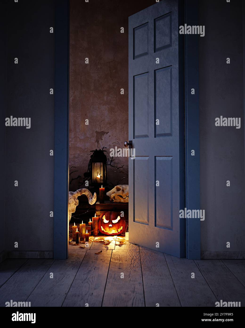 Spooky halloween scene pumpkins candles hi-res stock photography and ...