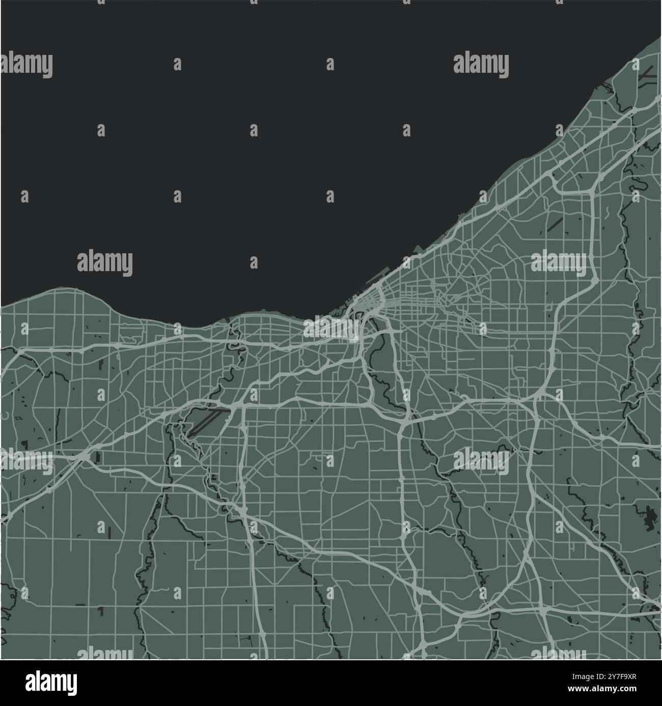 Map of Cleveland in Ohio in a smooth dark style. Contains layered vector with roads water, parks ...