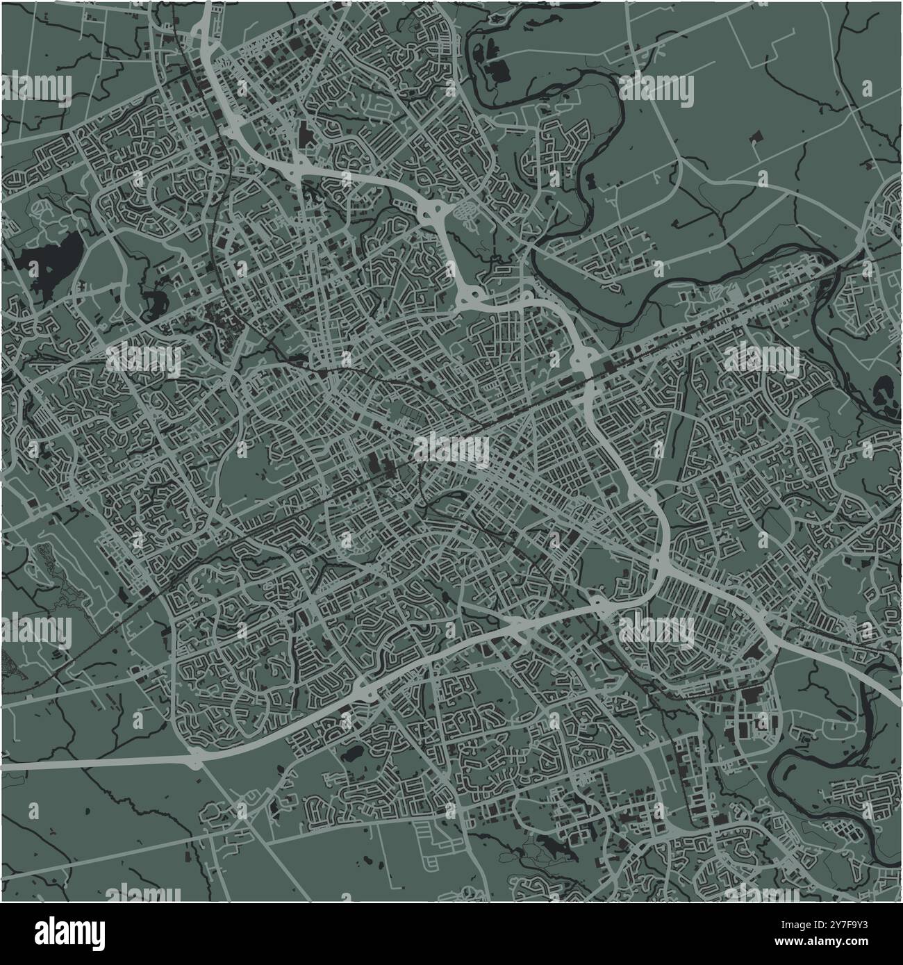Map of Kitchener in Canada in a smooth dark style. Contains layered vector with roads water ...