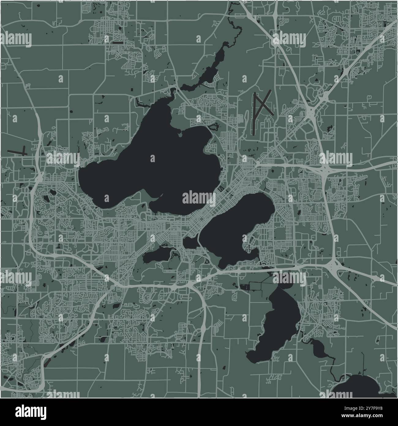 Map of Madison in Wisconsin in a smooth dark style. Contains layered ...