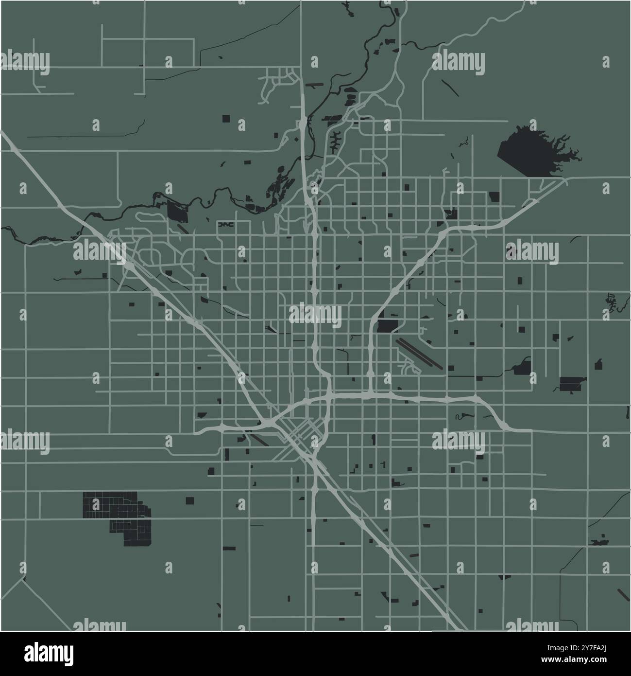 Map of Fresno in California in a smooth dark style. Contains layered vector with roads water ...